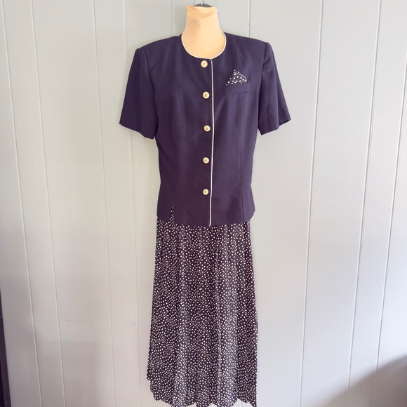 Leslie Fay | Pants & Jumpsuits | Leslie Fay Navy Polka Dot Skirt Set 2 ...